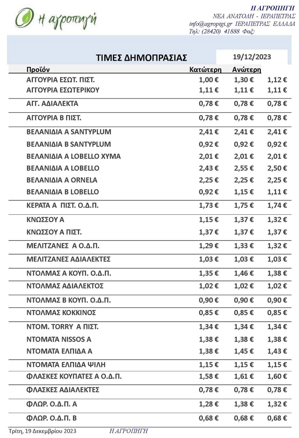 Τιμές αγροτικών προϊόντων 19.12.2023 - Hxo News